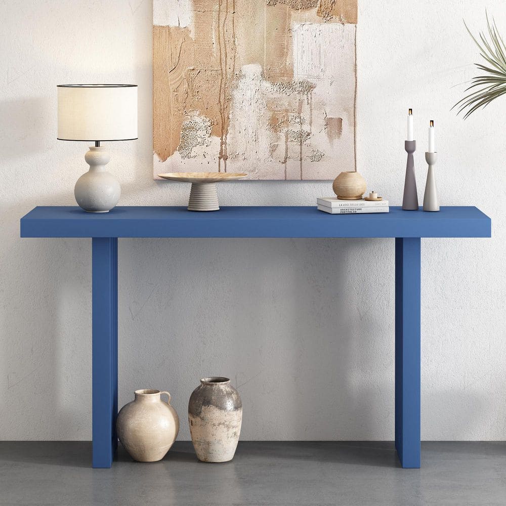 JUJABU 59 in. Navy Blue Rectangle Oak Veneer MDF Console Table with ...