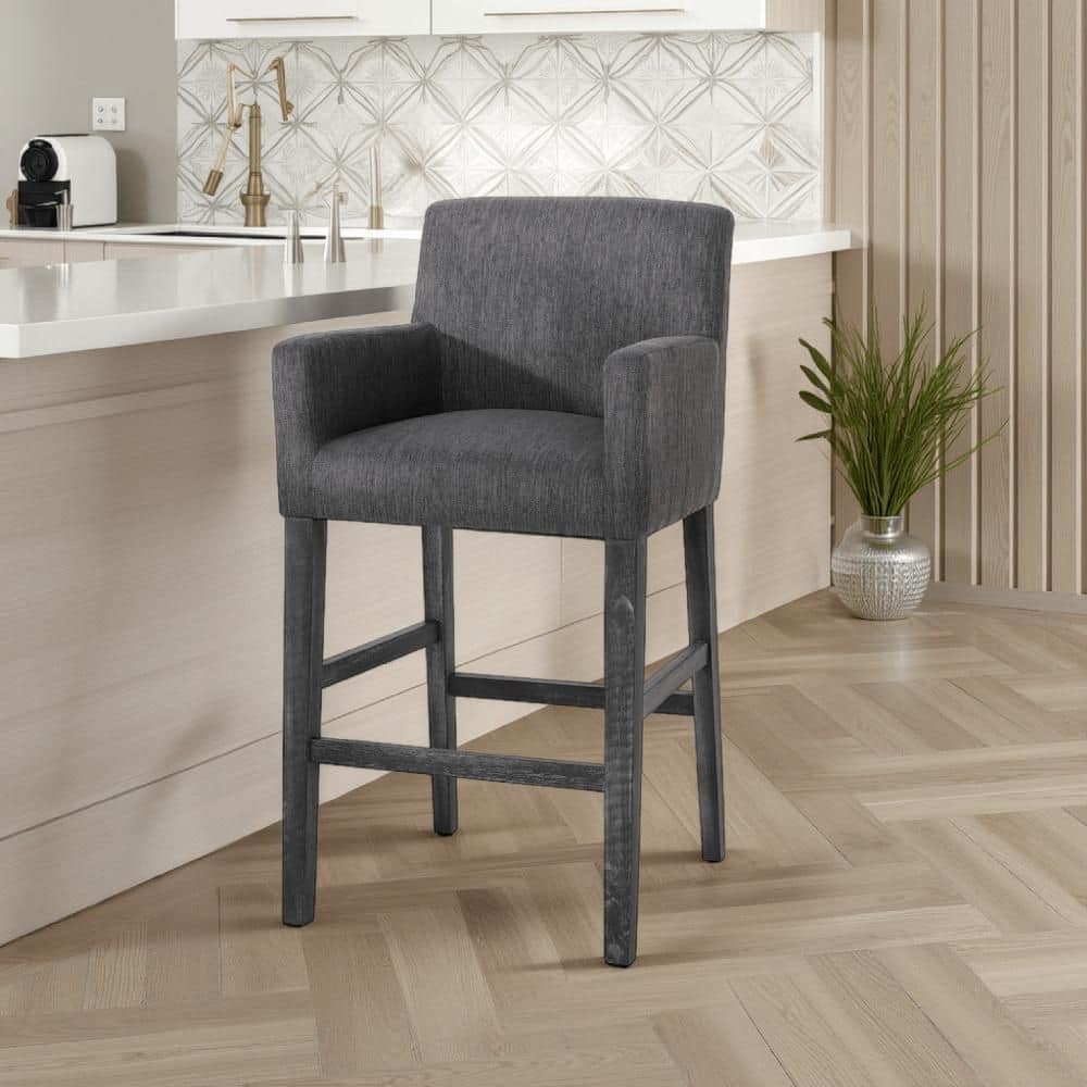 Benjara Rekah Charcoal Gray Wood Frame Barstool Chair with Cushion ...