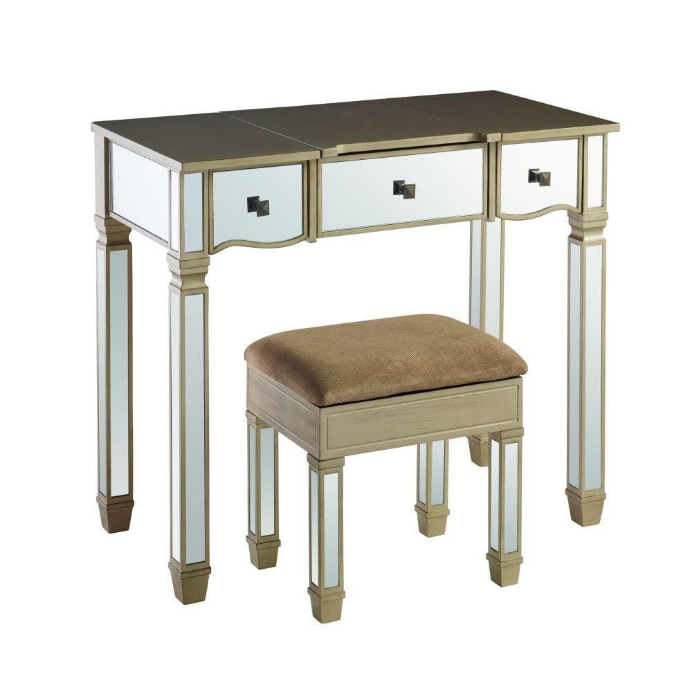 Benjara Brown and Silver 2-Piece Vanity Set with Lift Top Mirror and ...