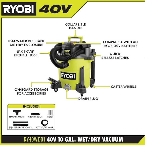 RYOBI RY40WD01B-RY124050VNM 40V 10 Gal. Cordless Wet/Dry Vacuum With ...