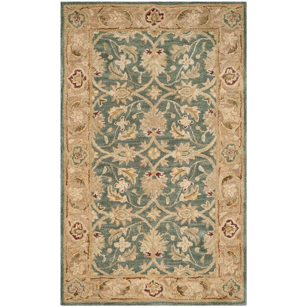 SAFAVIEH Antiquity Teal Blue/Taupe Doormat 3 ft. x 5 ft. Border Area ...