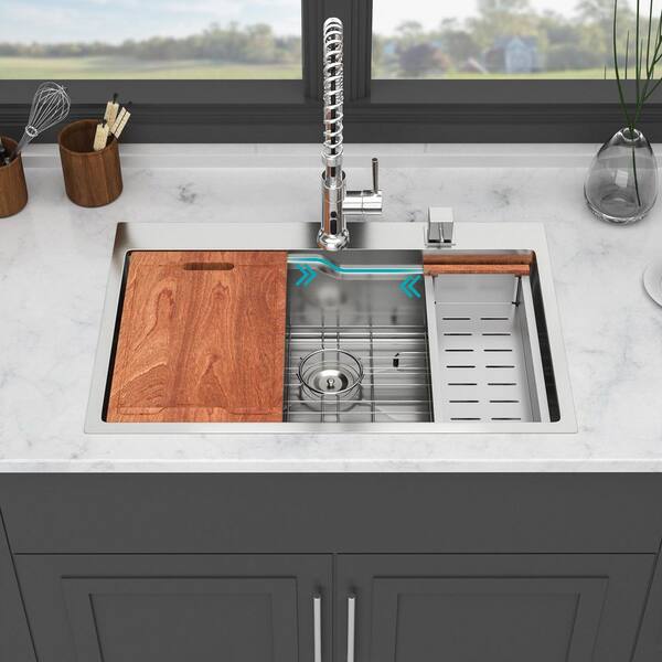 Qidian 33 in. Drop in Single Bowl 16-Gauge Brushed Nickel Stainless ...
