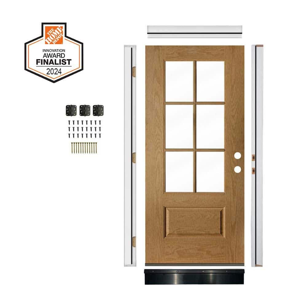 Krosswood Doors DIY 36 in. x 79 in. Clear Glass Left-Hand Stained Wood-Like Fiberglass Front ...