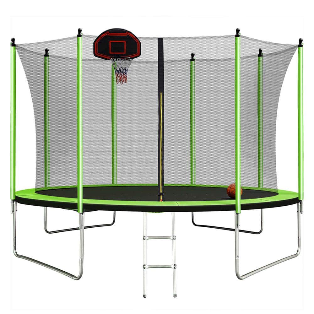 SUNRINX 10 ft. Green Round Trampoline with Enclosure Net and Basketball ...