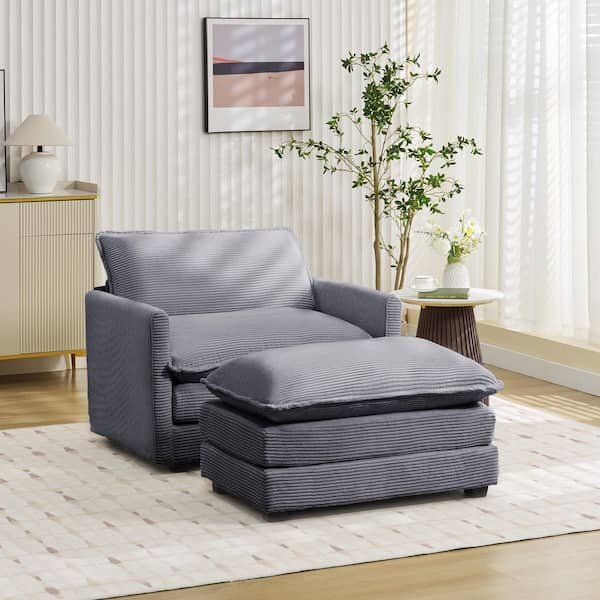 JEAREY Modern Dark Grey Corduroy Velvet Accent Armchair with Ottoman ...