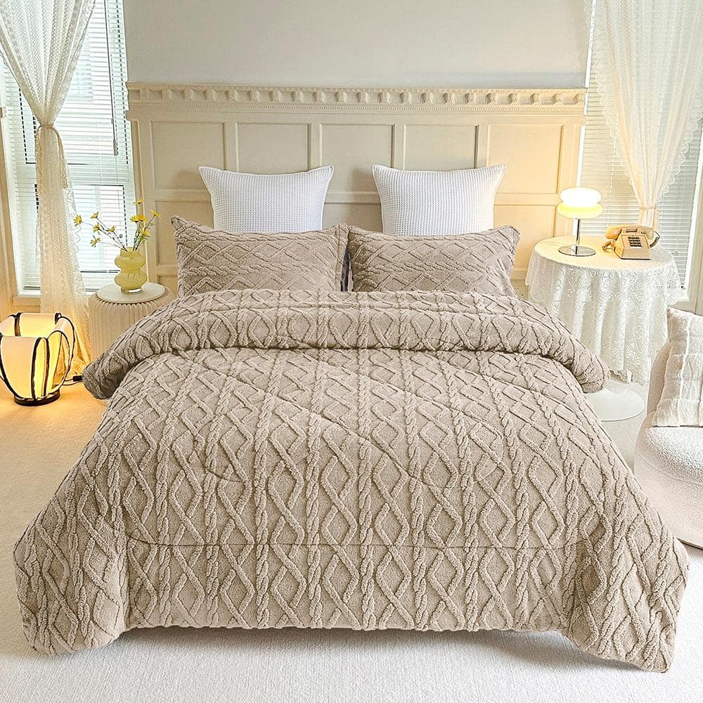 JML 3-Piece Cashmere Fluffy Sherpa Fleece Comforter Set Tufted Bedding ...
