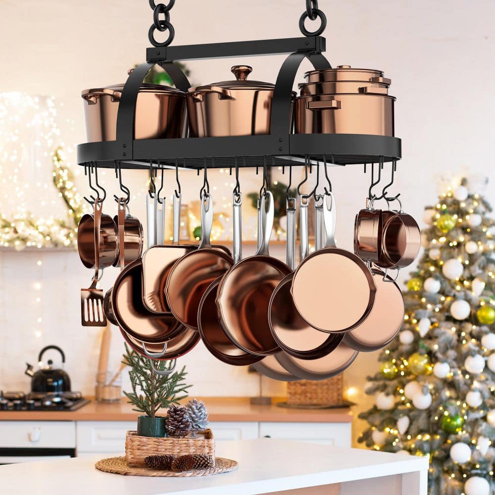 KES Matte Black Ceiling Oval Pot Rack for Kitchen with 20 S Hooks ...