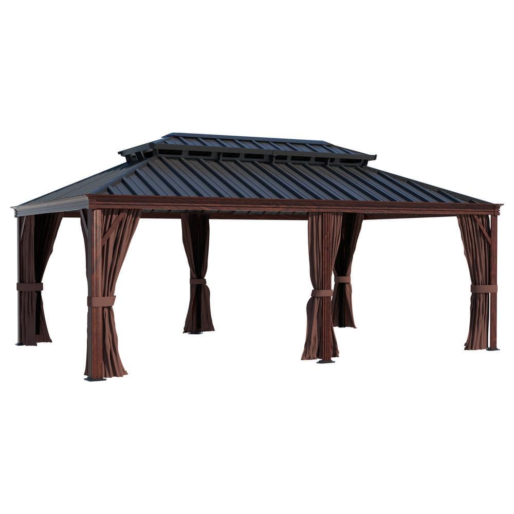 VEIKOUS 24 ft. x 12 ft. Wood Grain Aluminum Hardtop Gazebo Double Roof ...
