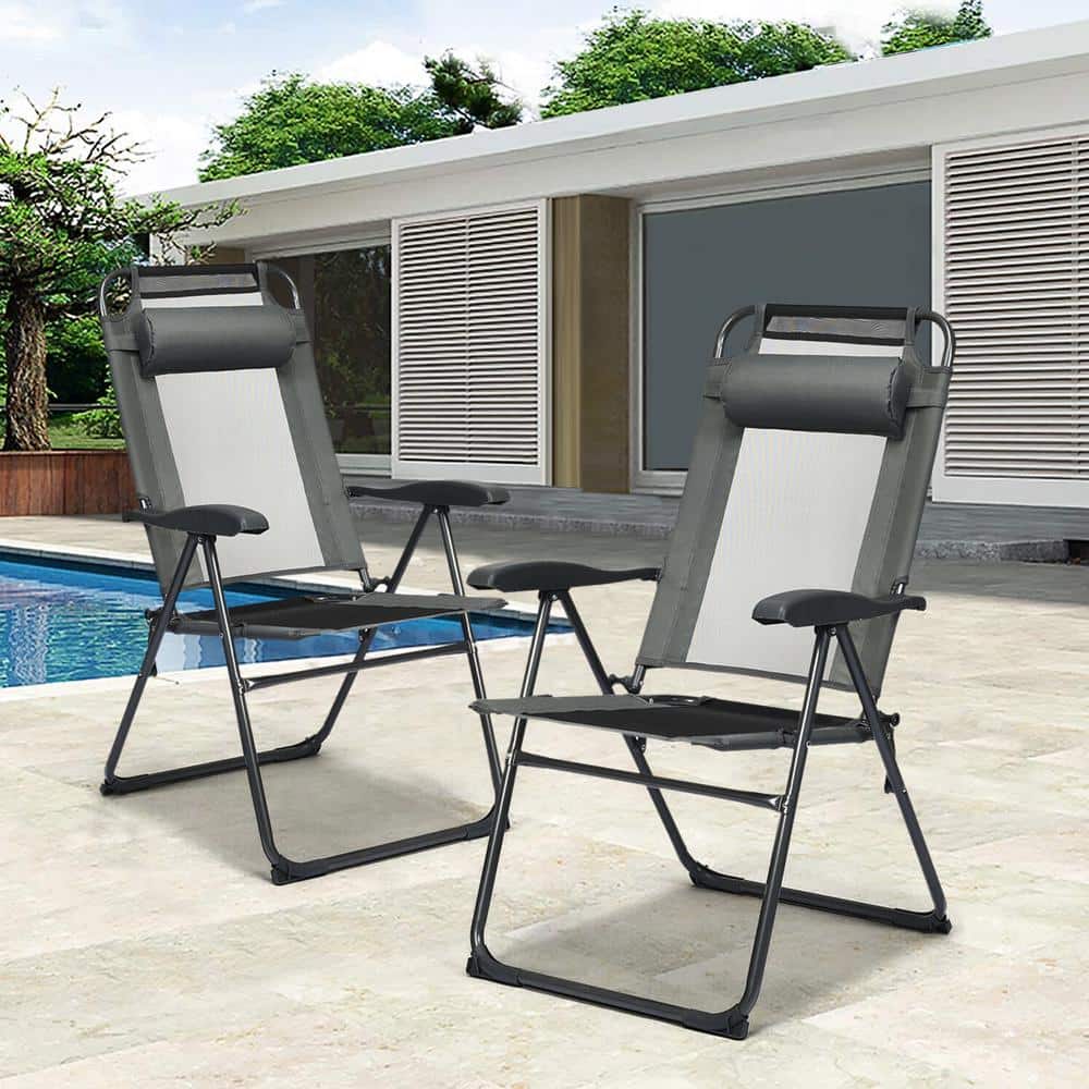 FORCLOVER 2 Pieces Patio Folding Steel Lawn Chairs with 7 Level ...