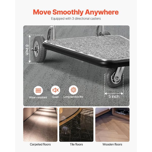 SKYSHALO Luggage Cart, 660 lbs. Load Capacity, 3 Wheel Stainless Steel ...