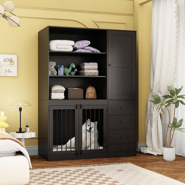 FUFU&GAGA Large Wooden Heavy-Duty Dog Crate Storage Cabinet, Dog House Kennel with Dog Bowl 1 ...