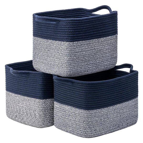 Blue 13 in. x 9 in. Cotton Decorative Basket (Set of 3) With Built-in ...