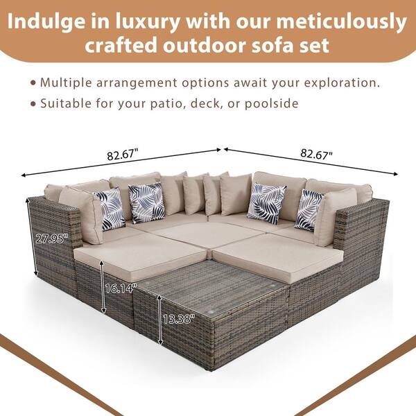 Unbranded 7 Piece Wicker Sectional Sets Patio Furniture Sets Outdoor Dining Sectional Sofa Couch with Beige Cushions C525 7SET BEIG