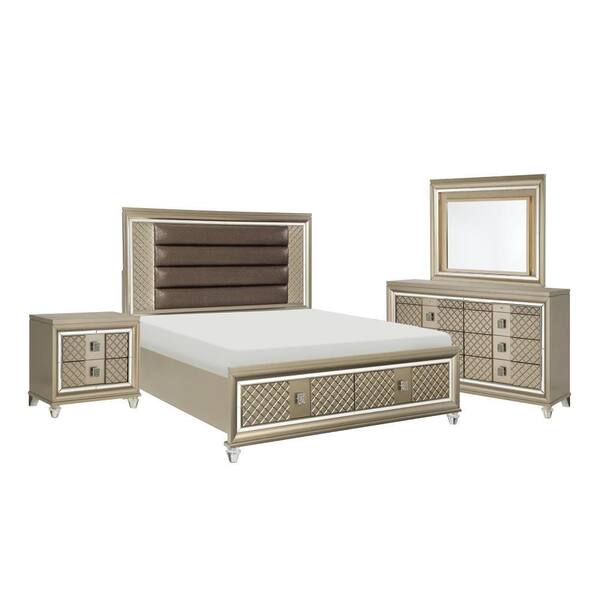 Benjara Duke 4-Piece Bronze and Champagne Queen Engineered Wood Bedroom ...