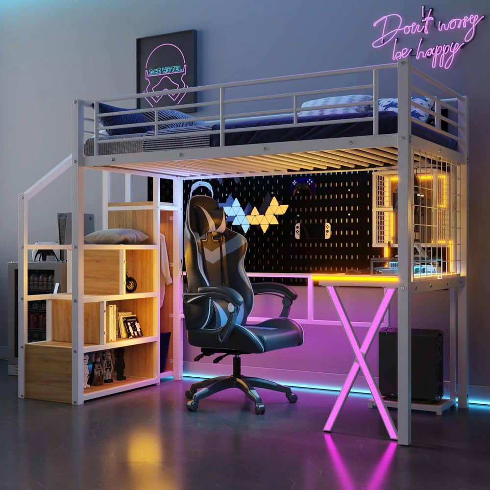 Polibi White Twin Size Wood Loft Bed with Built-in Workstation ...