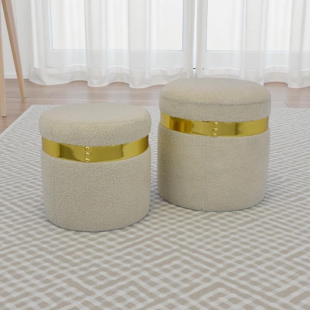 Benjara Akasa Tan Brown and Gold Fabric Round Ottoman with Storage Set ...