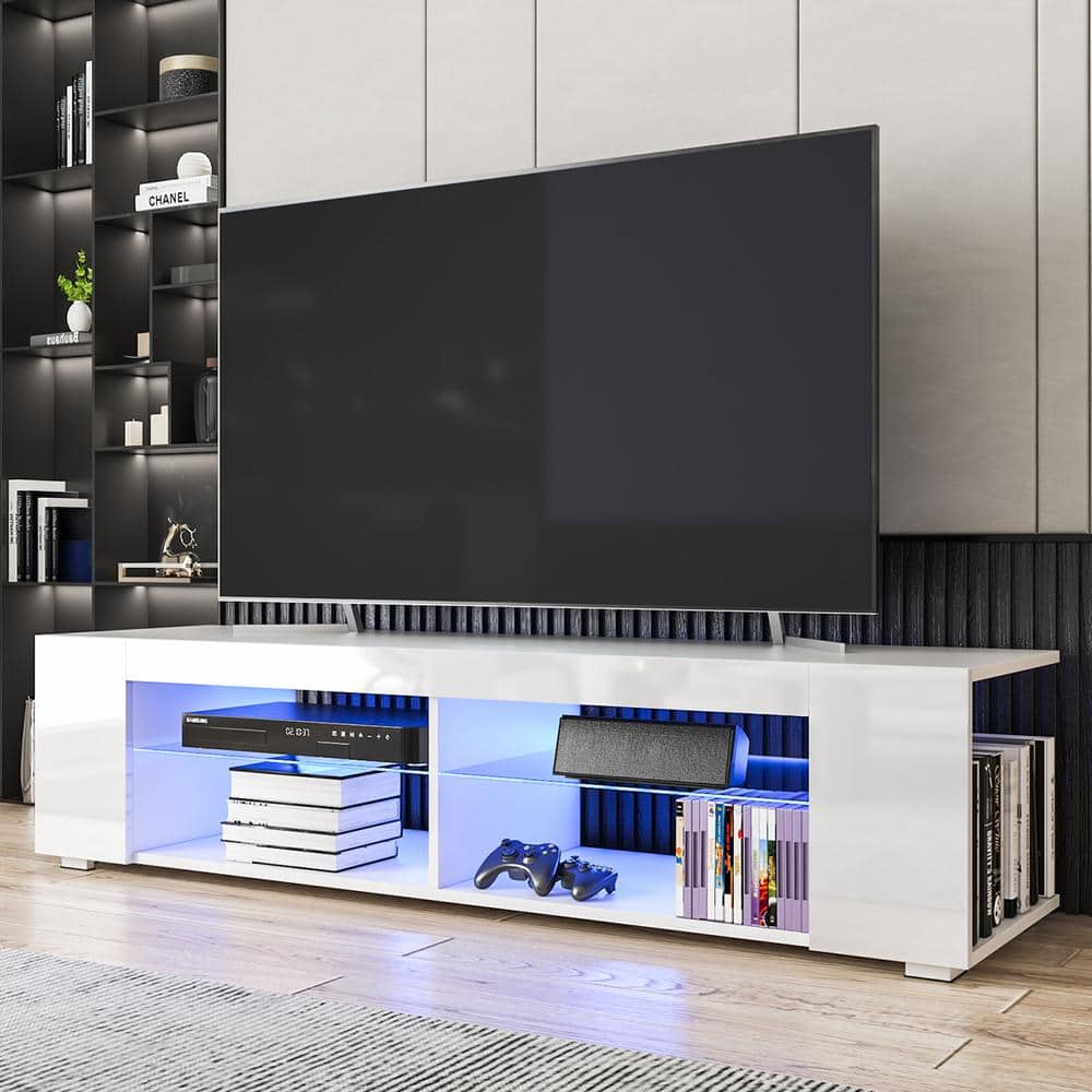 WOODYHOME 57 in. White Wood LED TV Stand Fits TV's up to 65 in. with ...