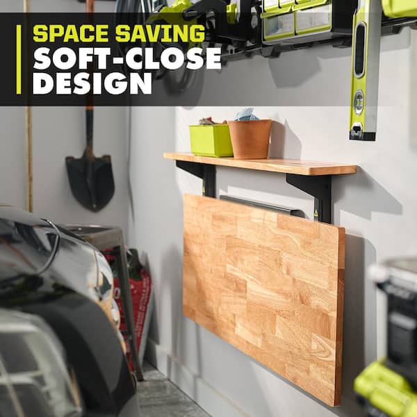 RYOBI Wall Mounted Stow Away Worktable with USB Lithium Clamp Fan Kit ...