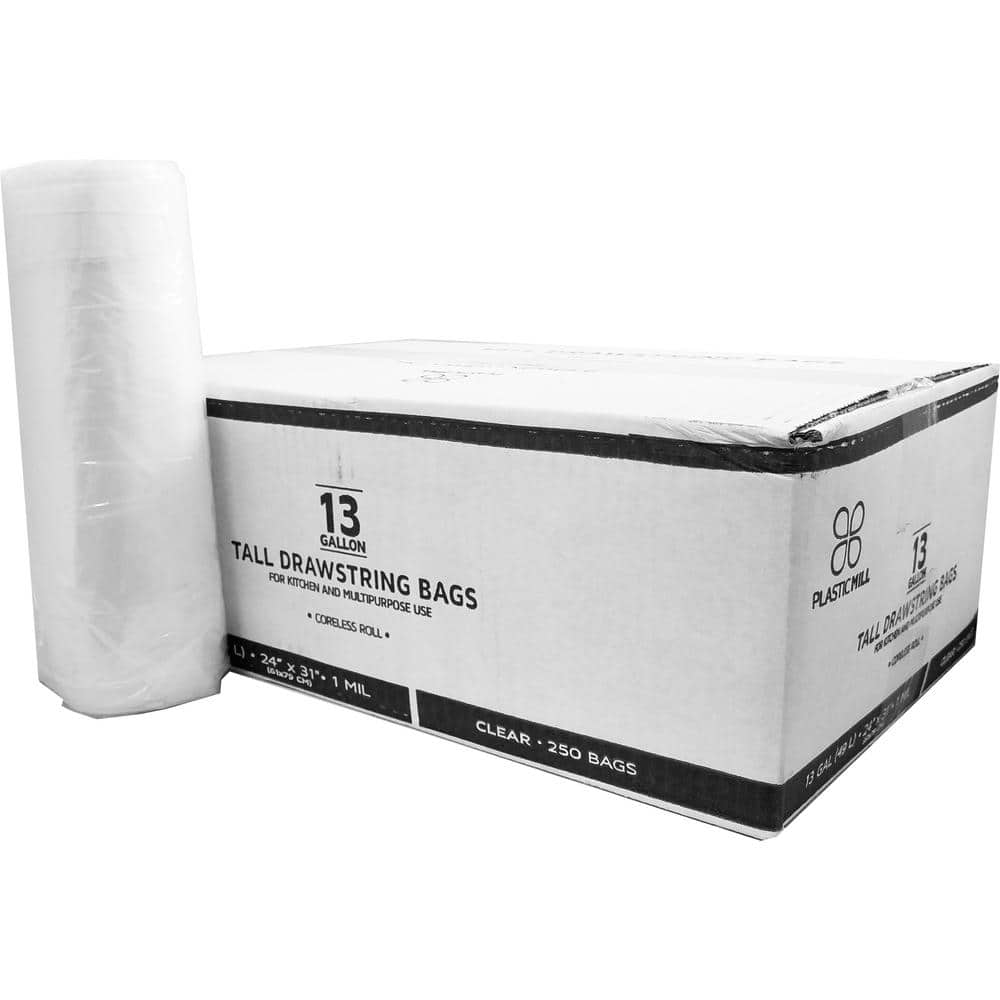 PlasticMill 13 Gal. 1 mil 24 in. x 31 in. Clear Drawstring Bags (250 ...