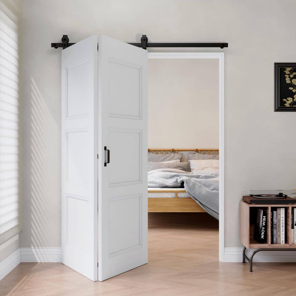 ARK DESIGN 60 in. x 80 in. Molded 3 Panel White Primed MDF Bifold Sliding Barn Door with ...