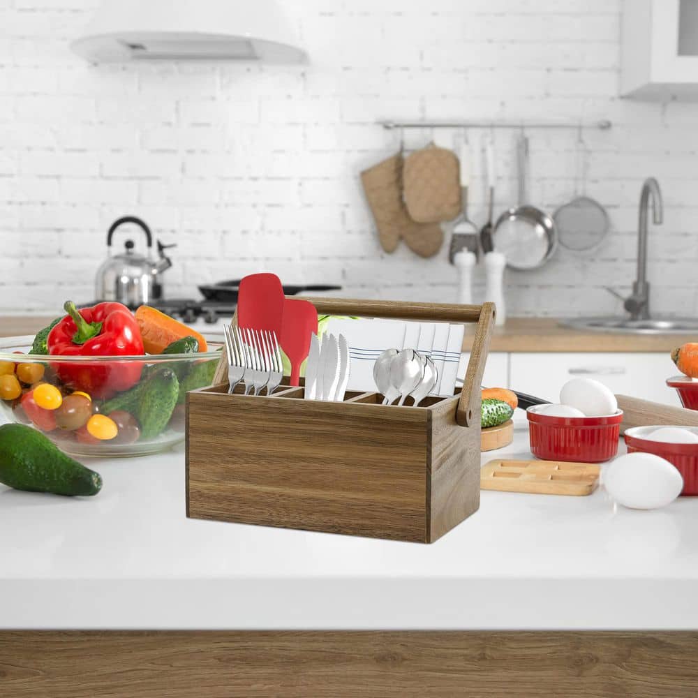 Wudkey Brown Wooden Utensil Organizer with Handle, Flatware Caddy for ...
