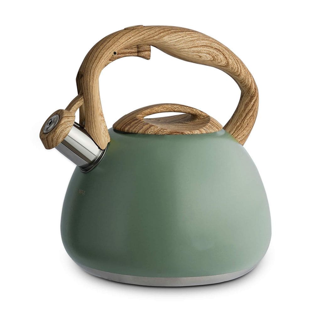 Wudkey 10-Cup Green Stainless Steel Stovetop Tea Kettle with Wood ...