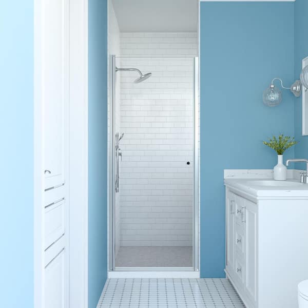 SHAAMA 23-24 in. W x 72 in. H Space Saving Pivot Semi-Frameless Swing Shower Door in Chrome ...