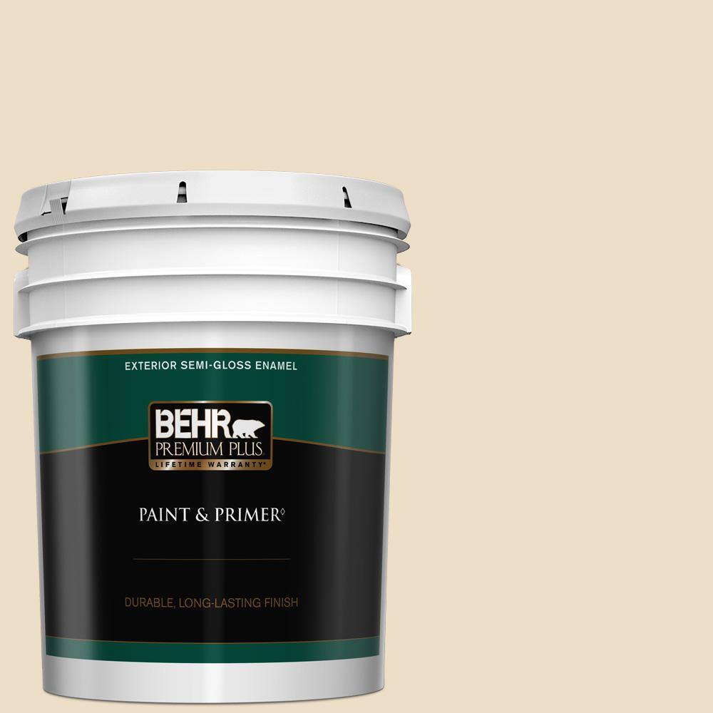 BEHR PREMIUM PLUS 5 gal. #710C-2 Raffia Cream Semi-Gloss Enamel ...