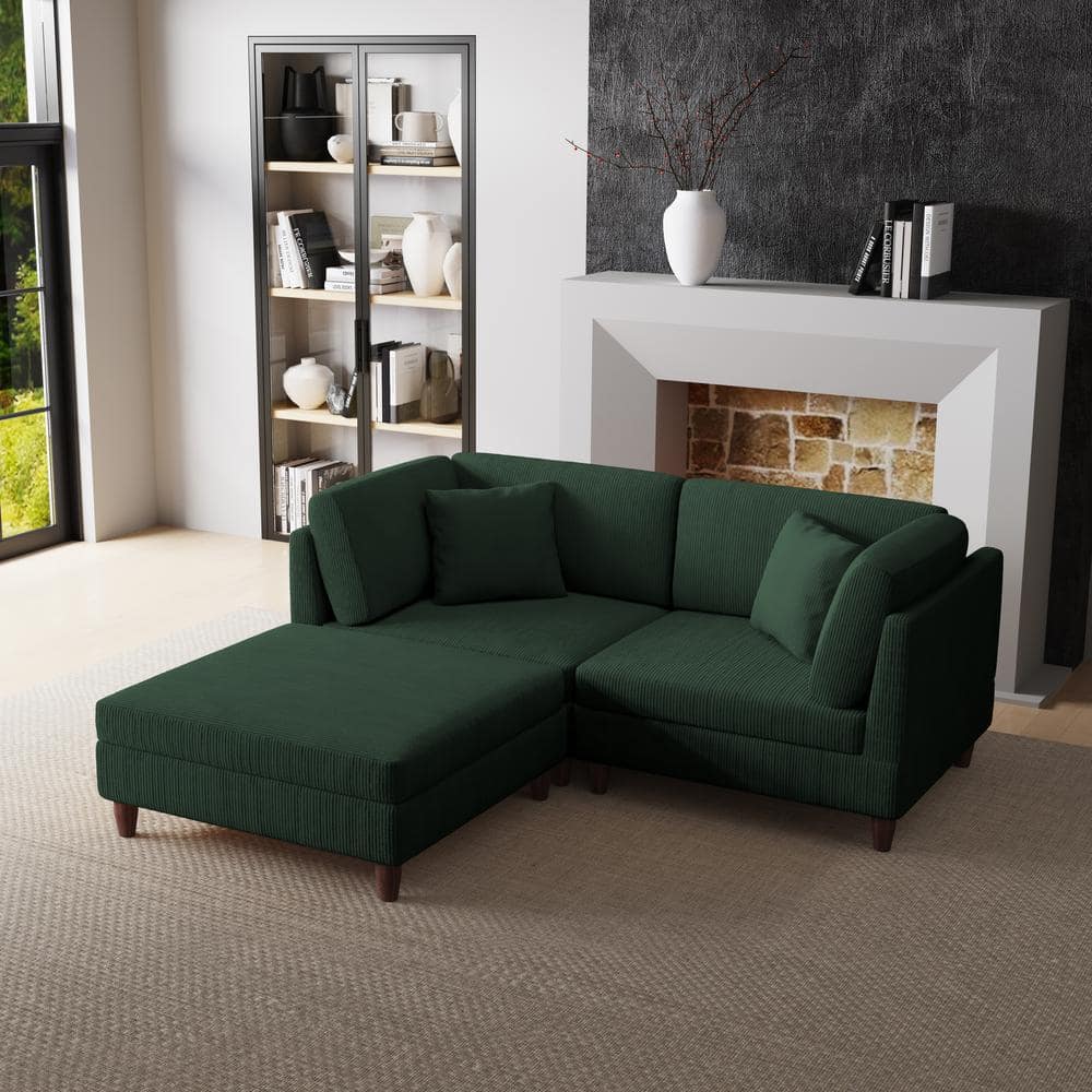 Uixe 80 in. Straight Arm 3-Piece Corduroy Upholstered L-Shaped Sectional Sofa in Hunter Green ...