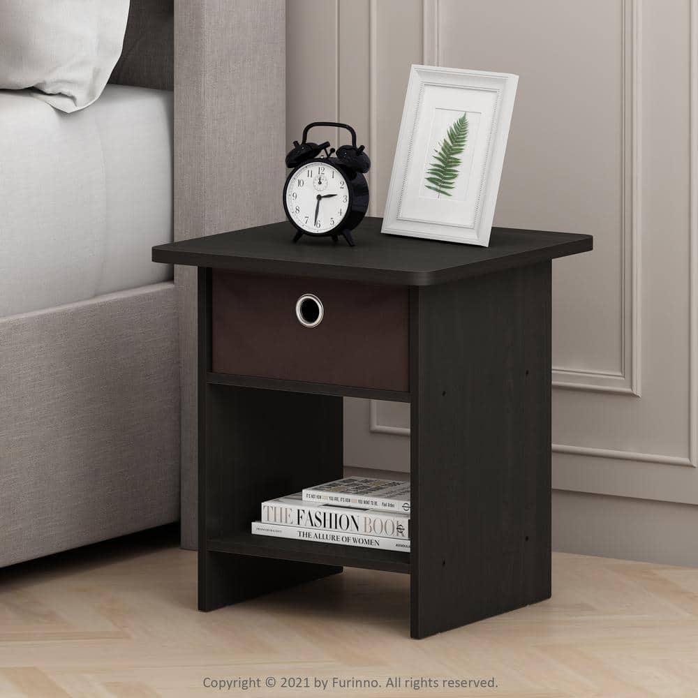 Furinno 17.8 in. Espresso Rectangle Wood End Table with Brown Bin ...