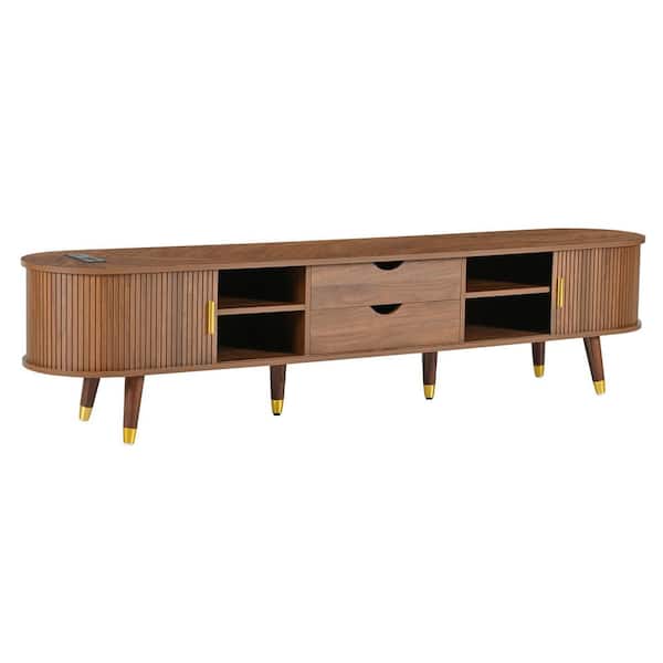 Nestfair Walnut Wooden Oval Fluted TV Stand Fits TVs up to 80 in. with ...