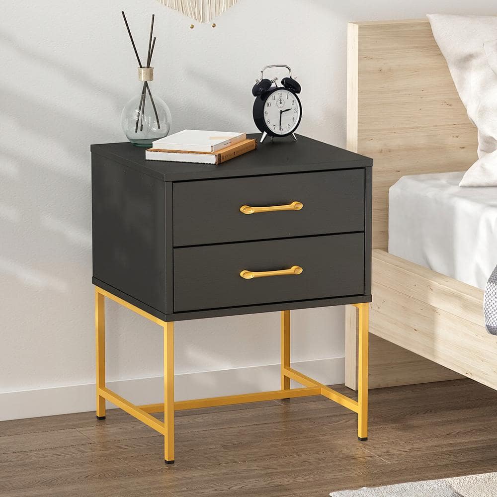 FUFU GAGA 2 Drawer Black Gold Wood Nightstand With Metal Legs Side Table Bedside Table 22.8 H x 17.7 W x 15.7 D KF200144 03 The Home Depot