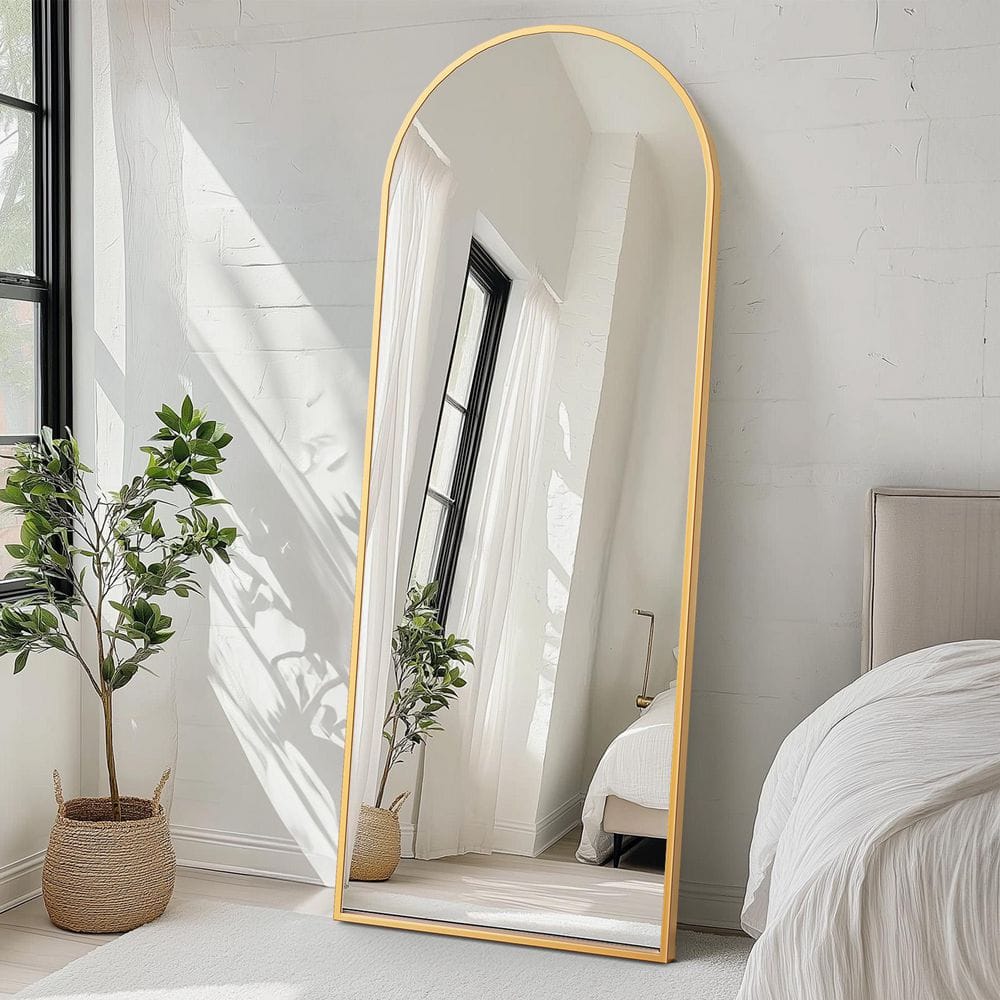 MAYEERTY Gold 26 in. W x 70 in. H Arched Metal Thin Frame Full Length ...