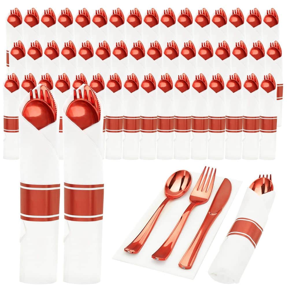 50-piece Red Plastic Cutlery Set w Forks, Knives, Spoons and Napkins ...