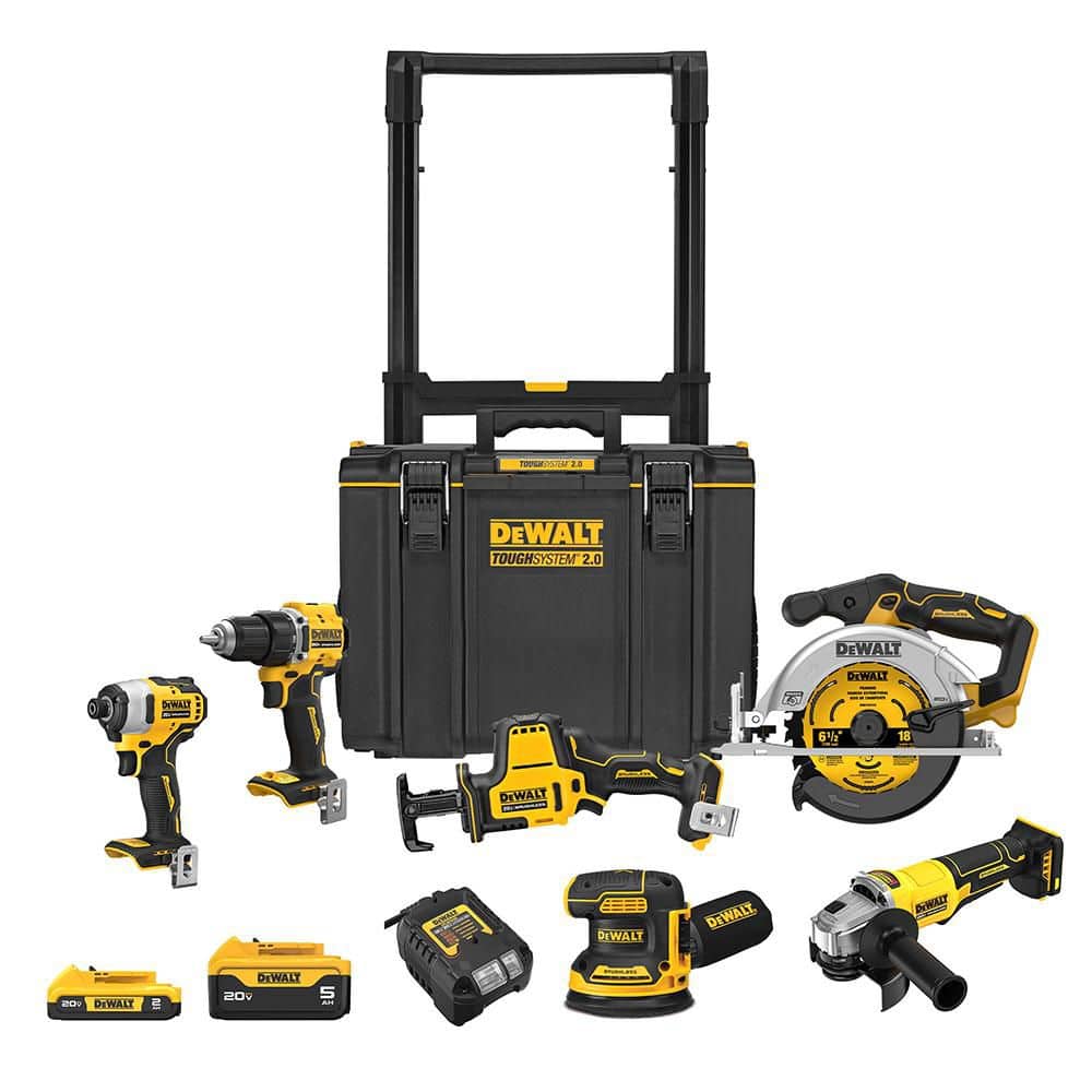 DEWALT 20V Lithium-Ion Cordless 6-Tool Combo Kit with 5.0 Ah and 2.0 Ah Batteries, Charger and ...
