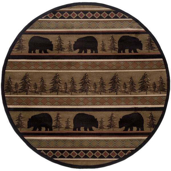 Hickory Black/Beige 8 ft. x 8 ft. Round Lodge and Bears Area Rug 017169 ...