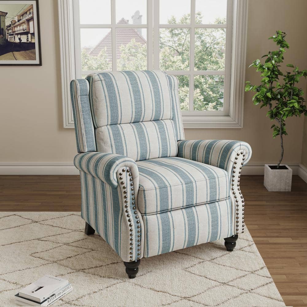 Uixe Blue Striped Linen Nailhead Trim Upholstered Recliner Chair with ...