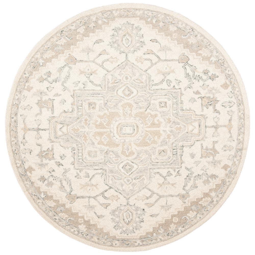 SAFAVIEH Micro-Loop Ivory/Beige 7 ft. x 7 ft. Floral Medallion Round ...
