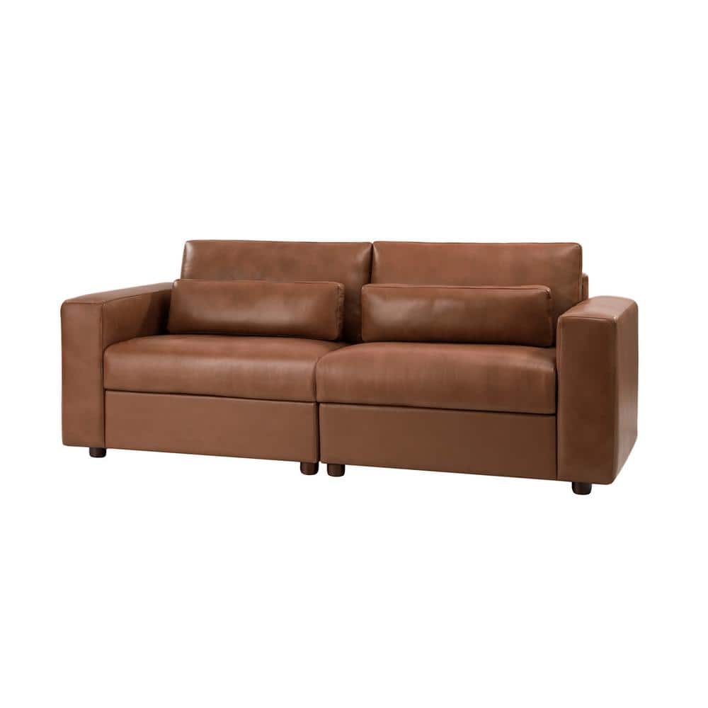 JAYDEN CREATION Timmy Brown 86.5 in. W Modern Genuine Leather Secret Storage Sofa with Lumbar ...