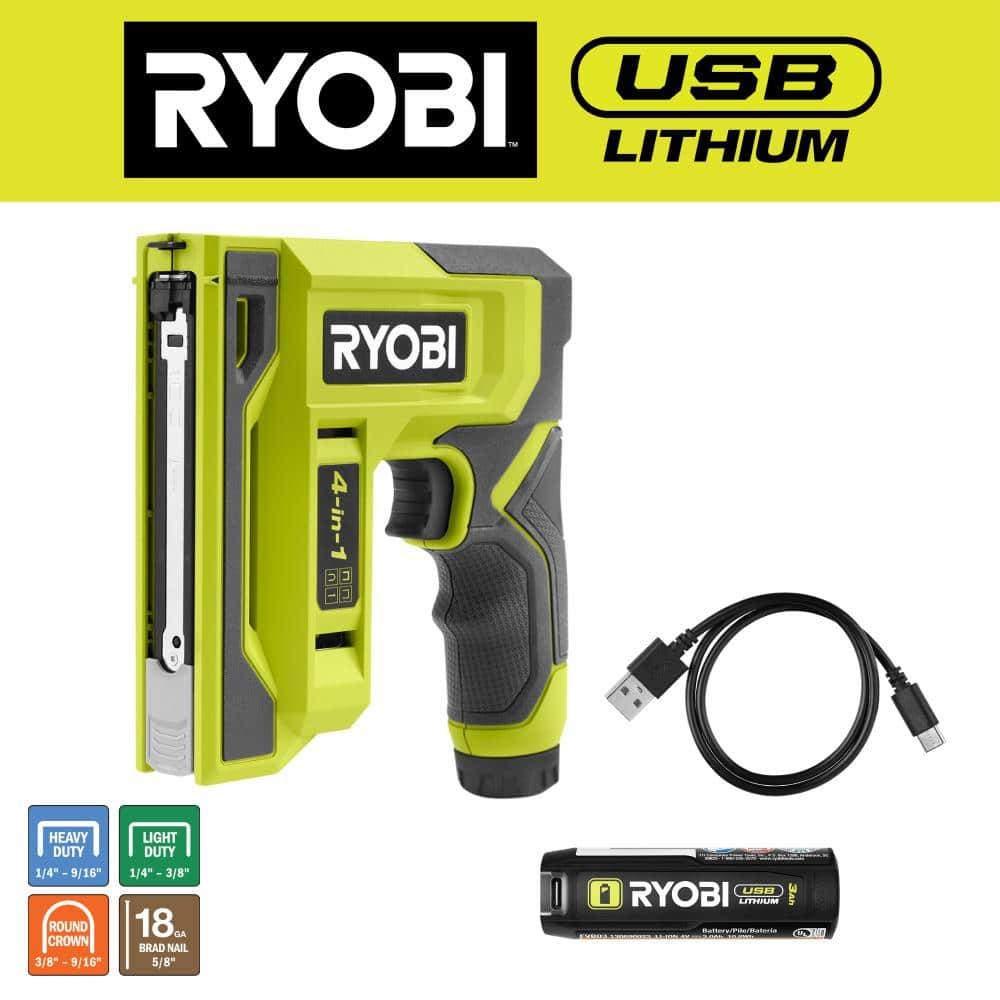 RYOBI USB Lithium Cordless Craft 4-in-1 Stapler/Nailer Kit with 3.0 Ah ...