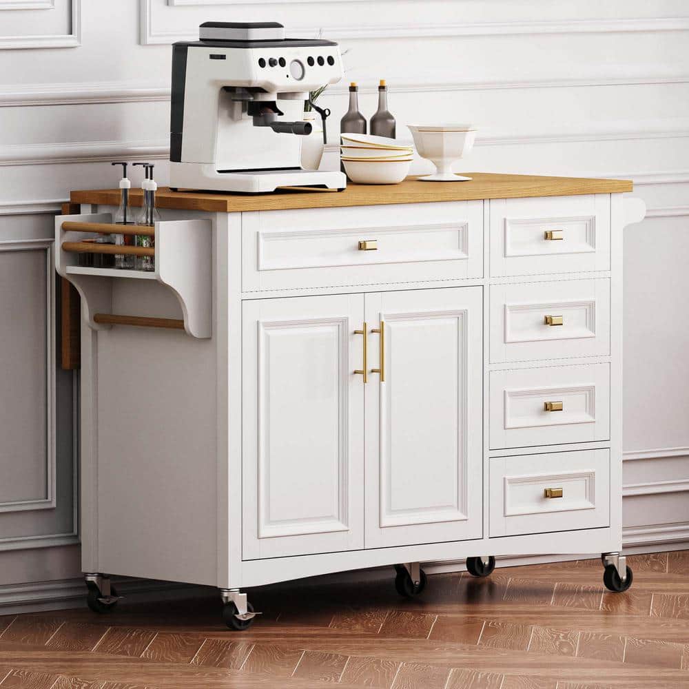 Lycvki White Wood 52 in. Kitchen Island on Wheels with Spice Rack ...