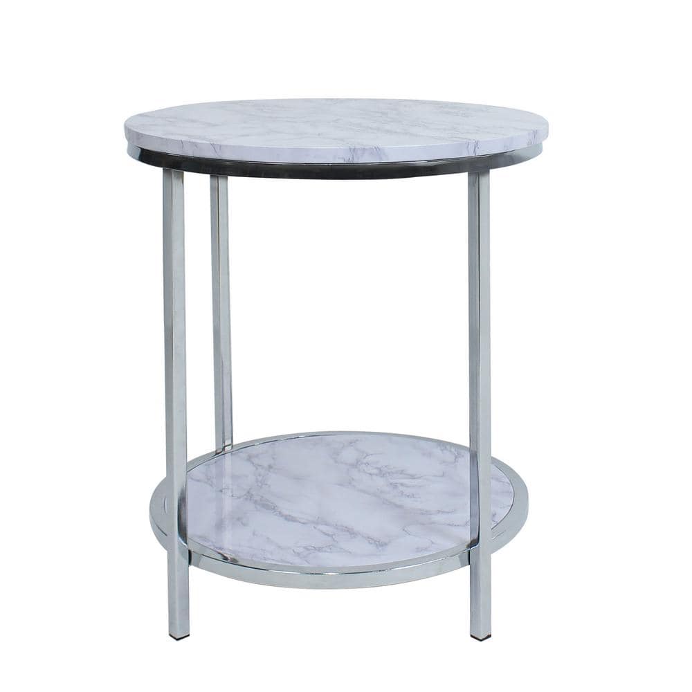 VERYKE 17.72 in. 2-Tier Silver Faux Marble Round End Table with Metal ...