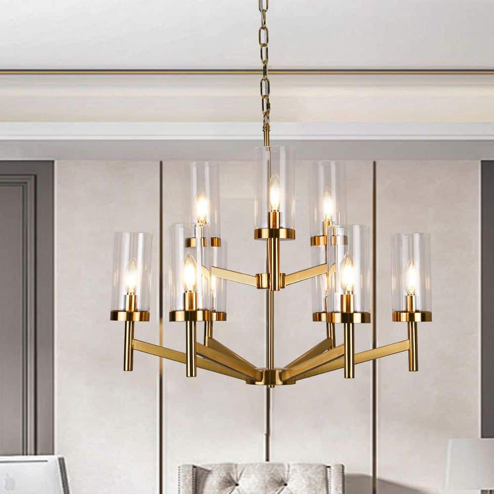 PAKOKULA Modern 9-Light Plated Brass Branch Chandelier with Clear Glass Shade for Kitchen Island ...