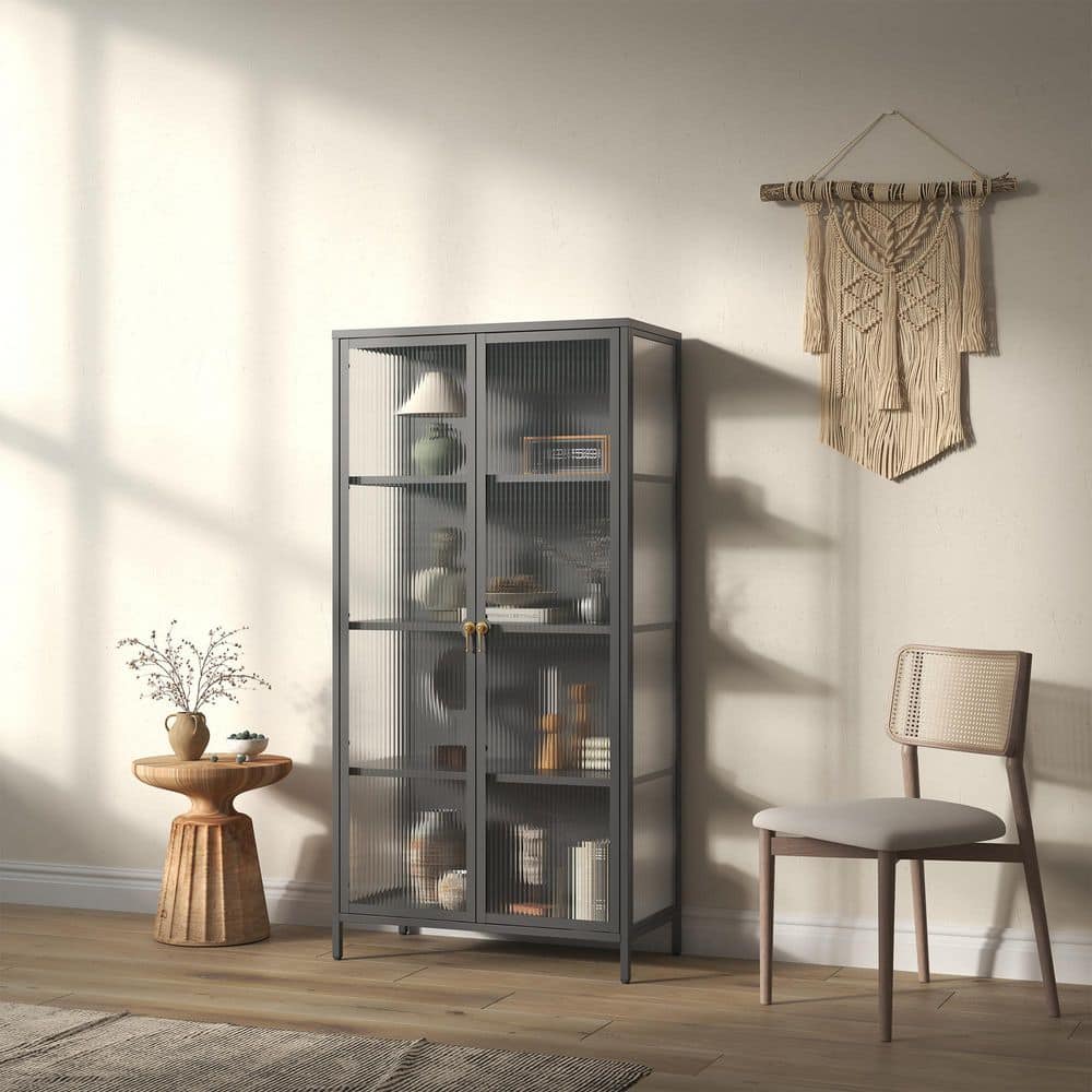 Glamour Home Benoite 63.05 in. Tall Black Steel 4-Shelf 2-Door Bookcase ...