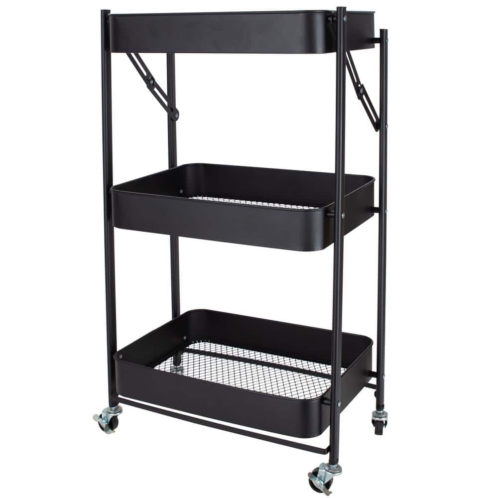 ORGANIZE IT ALL 3-Tier Folding Utility Rolling Storage Cart in Black NH ...