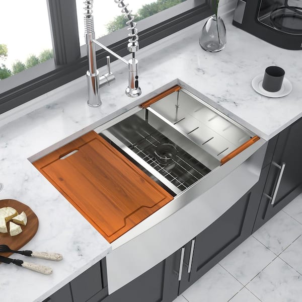 JimsMaison 33 in. Double Bowl Farmhouse Apron Brushed Nickel Stainless ...