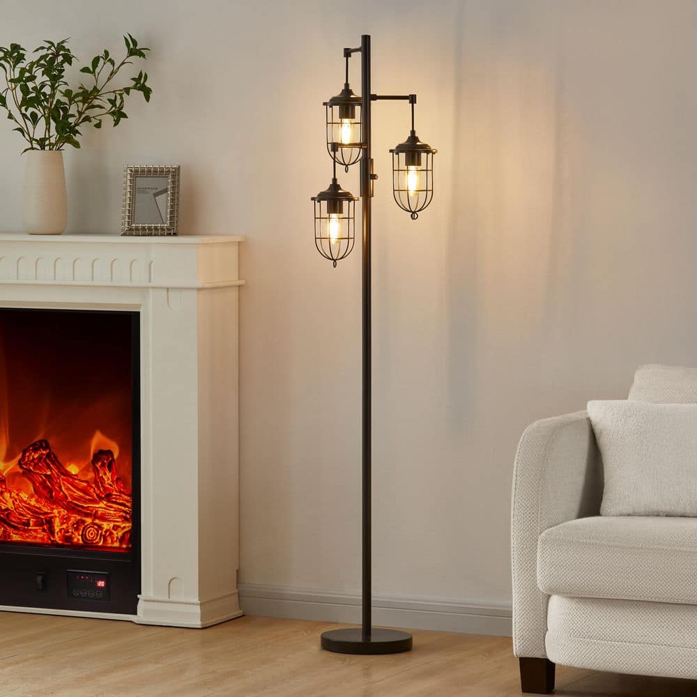 KAWOTI 64.75 in. Industrial Bronze Lantern Floor Lamp with Shades and ...