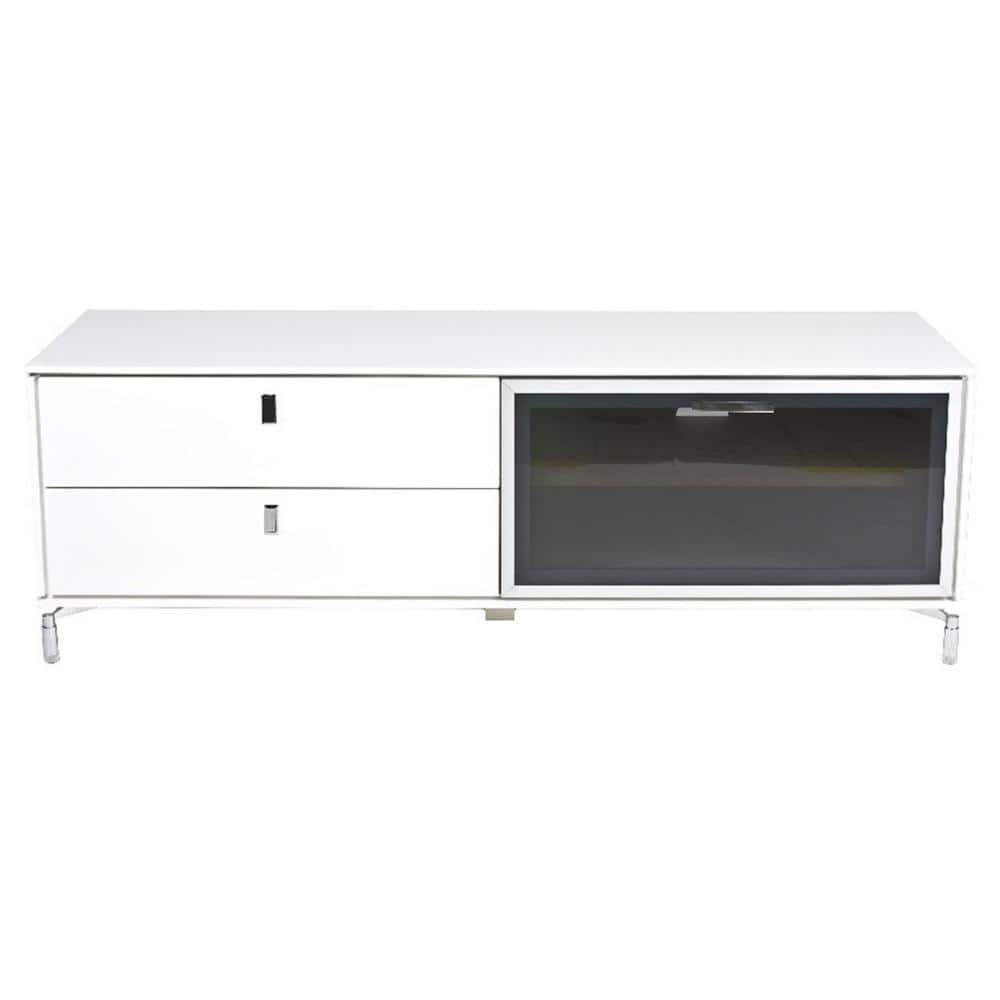 Benjara White, Chrome and Clear TV Stand Fits TVs up to 55 to 60 in ...
