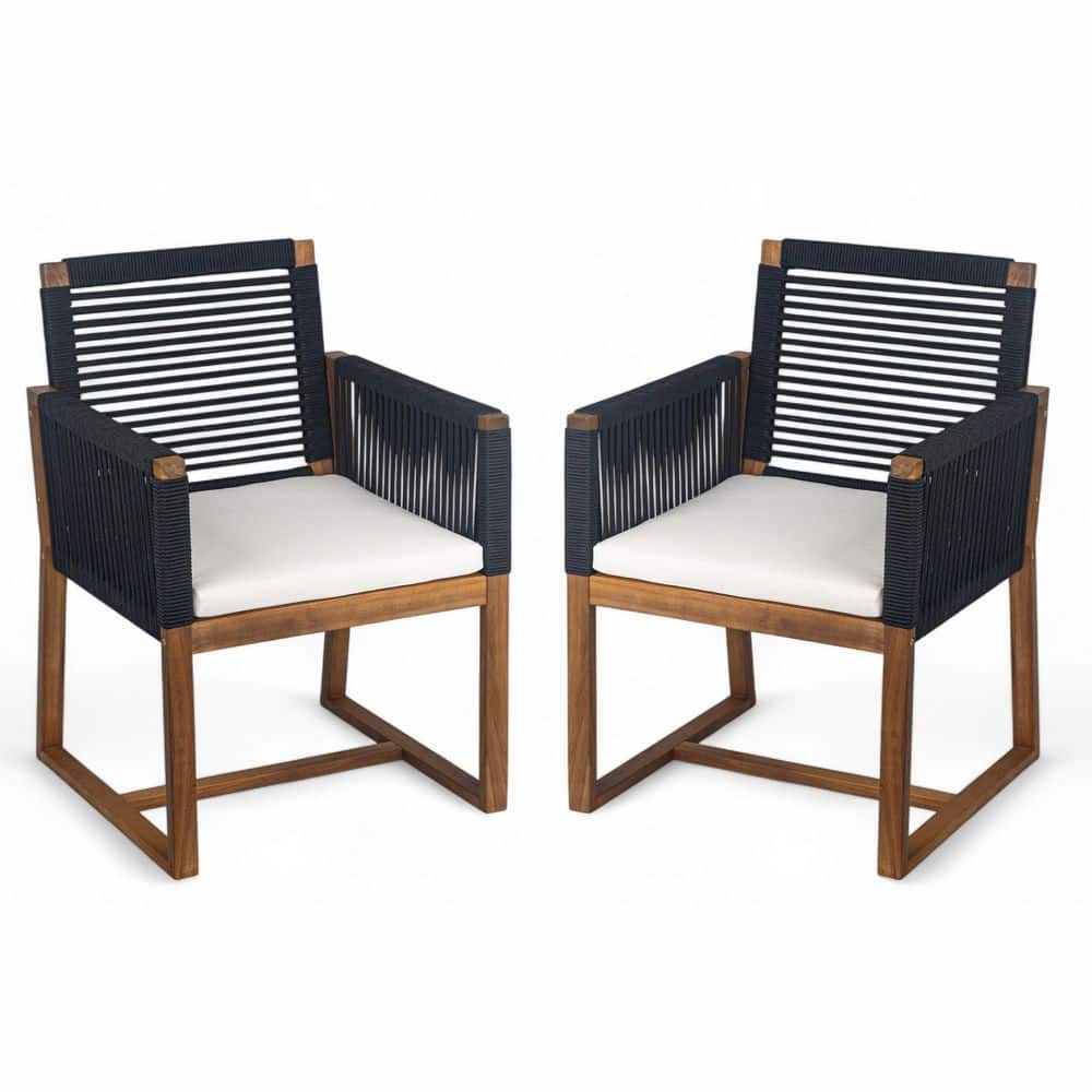 Black Acacia Wood Outdoor Dining Chairs with Rope Design Back and Arms ...
