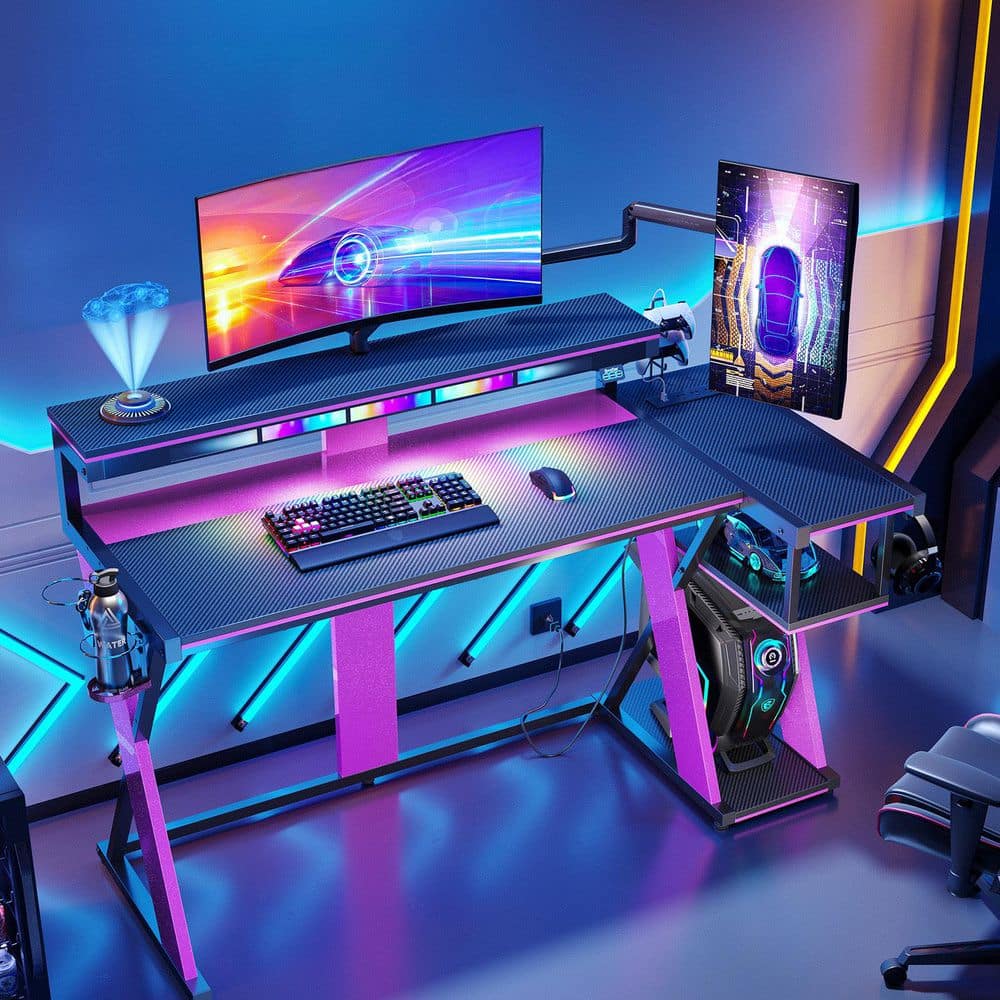 Bestier 57 in. Purple L Shape Gaming Desk with LED Lights Monitor Stand ...